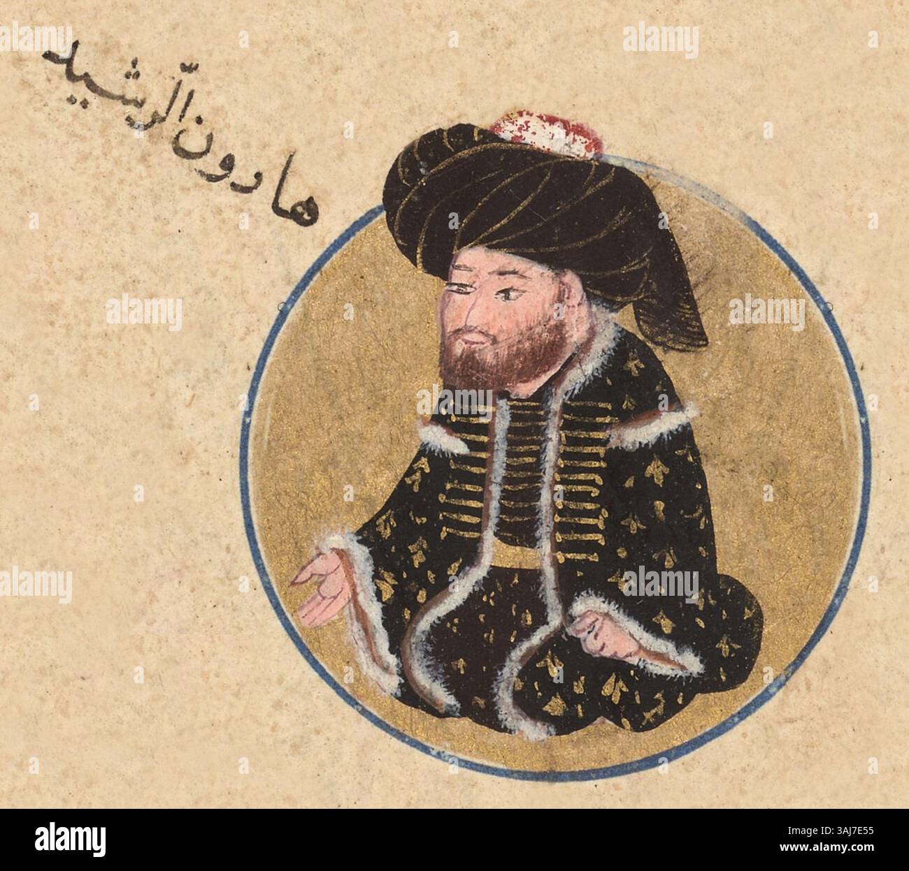 This 1598 portrait from the Zübdet-üt Tevarih genealogy shows `Abbsid Caliph Hārūn al-Rashīd, a ...